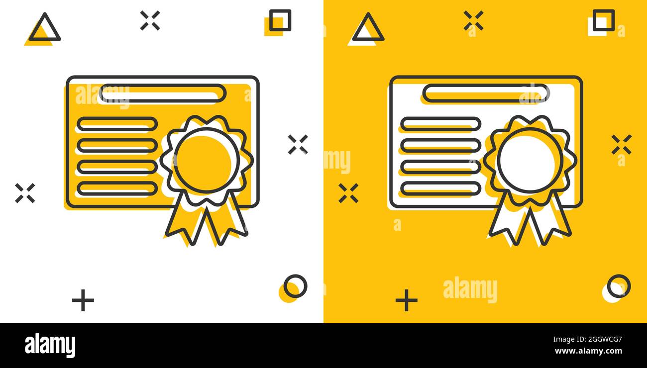 Certificate icon in comic style. License badge vector cartoon ...
