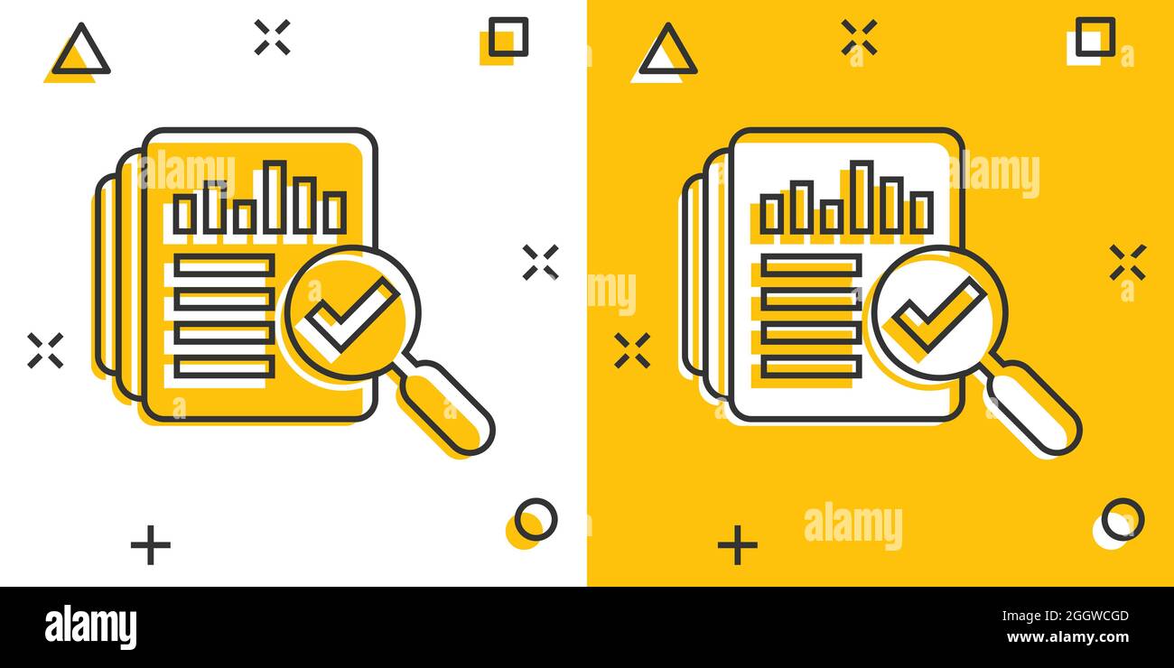 Audit document icon in comic style. Result report vector cartoon illustration on white isolated ...
