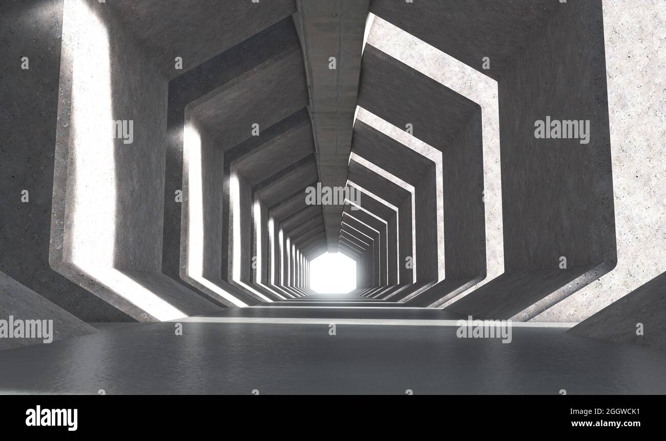 A look down a concrete tunnel made of hexagonal geometric shapes with a ...
