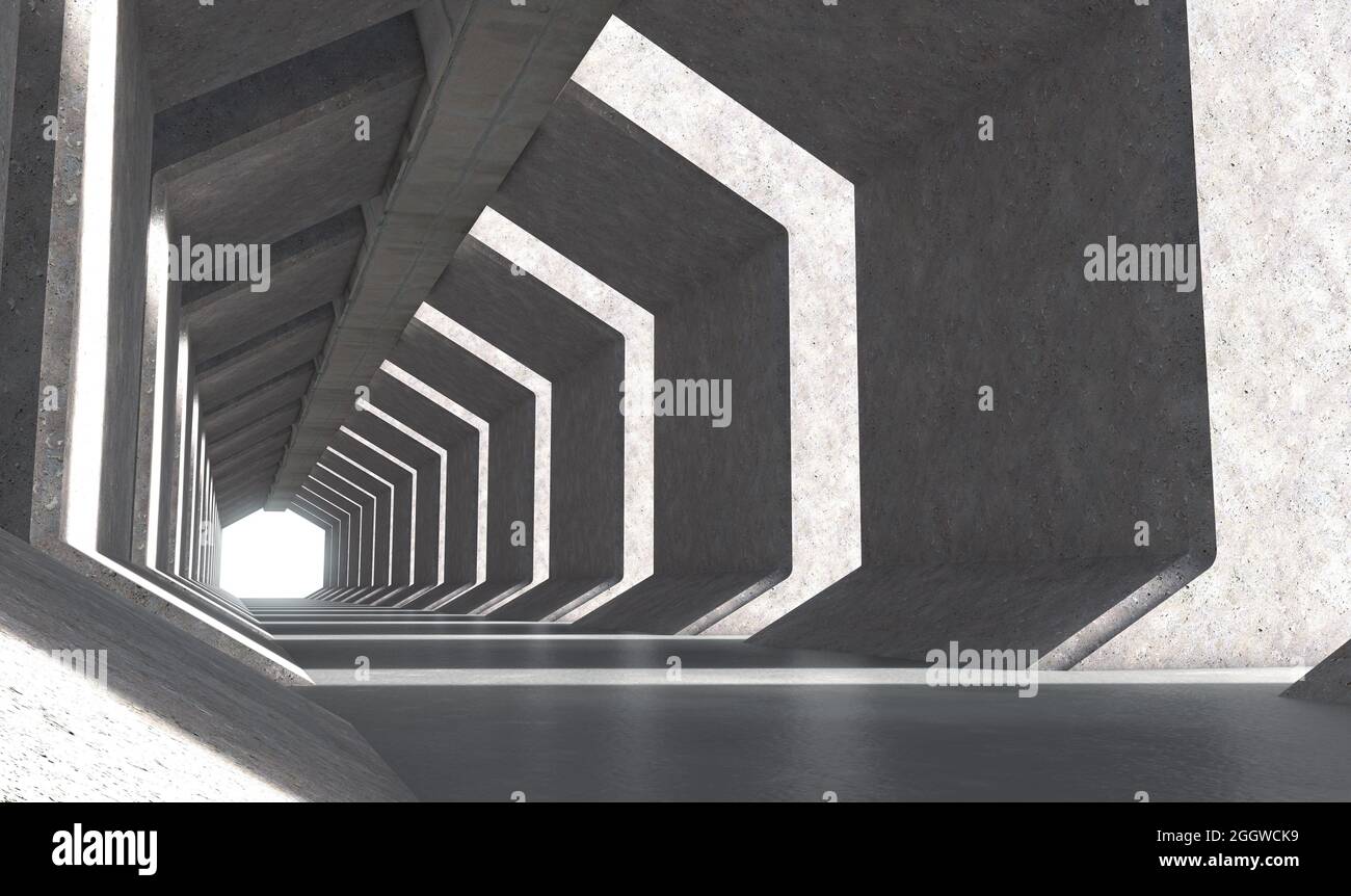 A look down a concrete tunnel made of hexagonal geometric shapes with a ...
