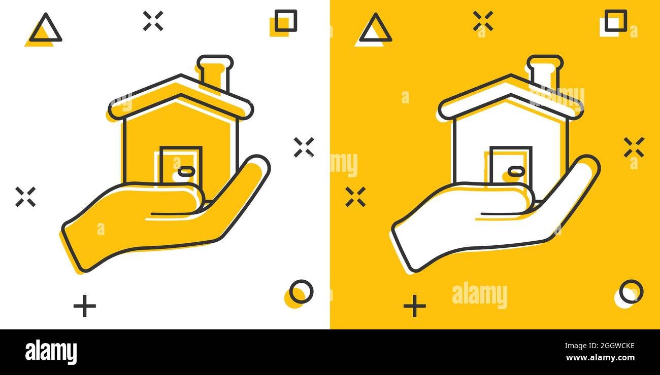 Home care icon in comic style. Hand hold house vector cartoon ...