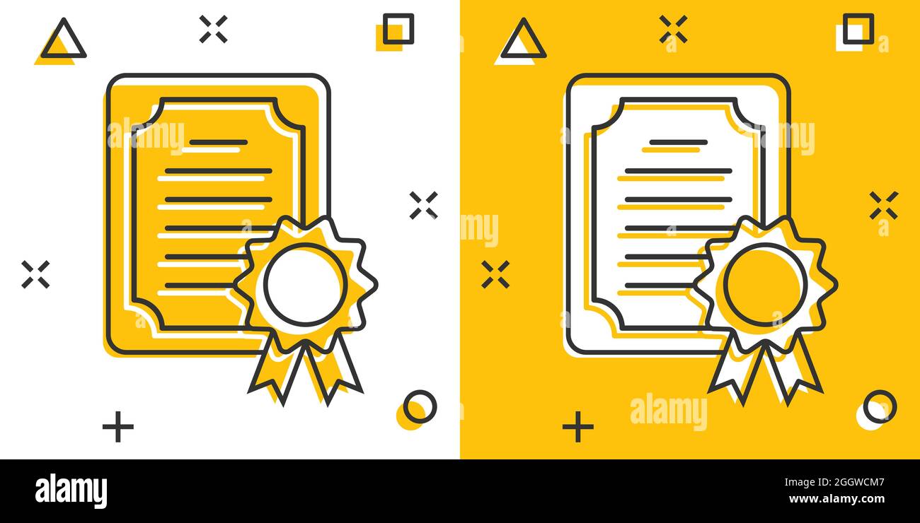 Certificate icon in comic style. License badge vector cartoon ...