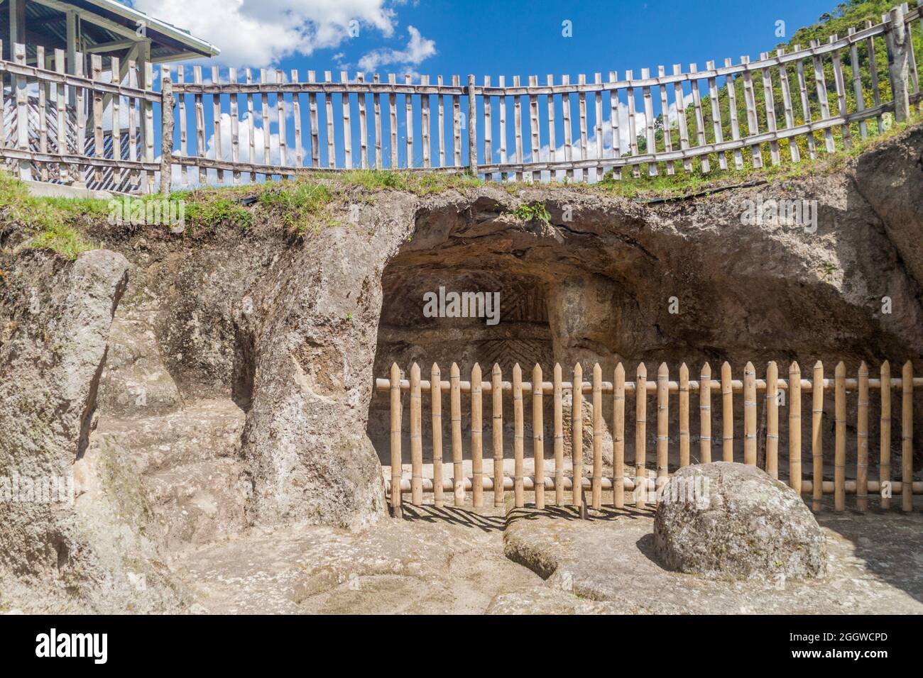 Broken ancient tomb located in Alto de San Andres site in Tierradentro ...