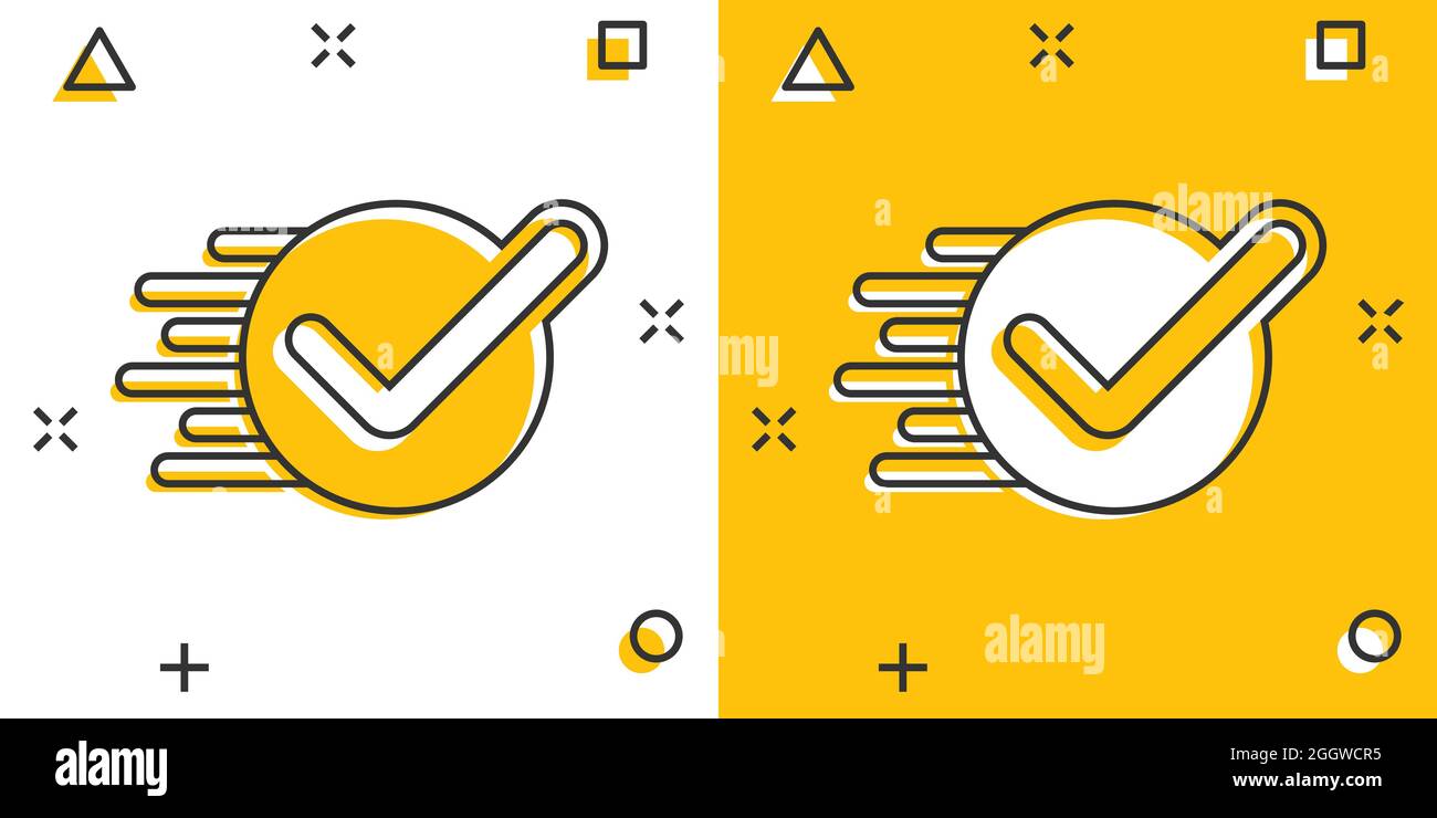 Check mark sign icon in comic style. Confirm button cartoon vector ...