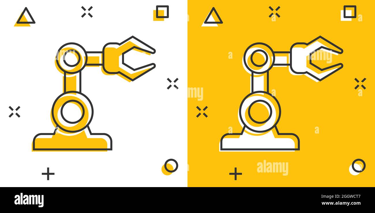 Robot arm icon in comic style. Mechanic manipulator cartoon vector ...