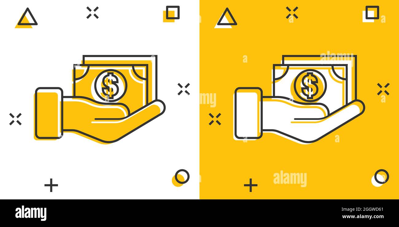 Remuneration icon in comic style. Money in hand cartoon vector ...