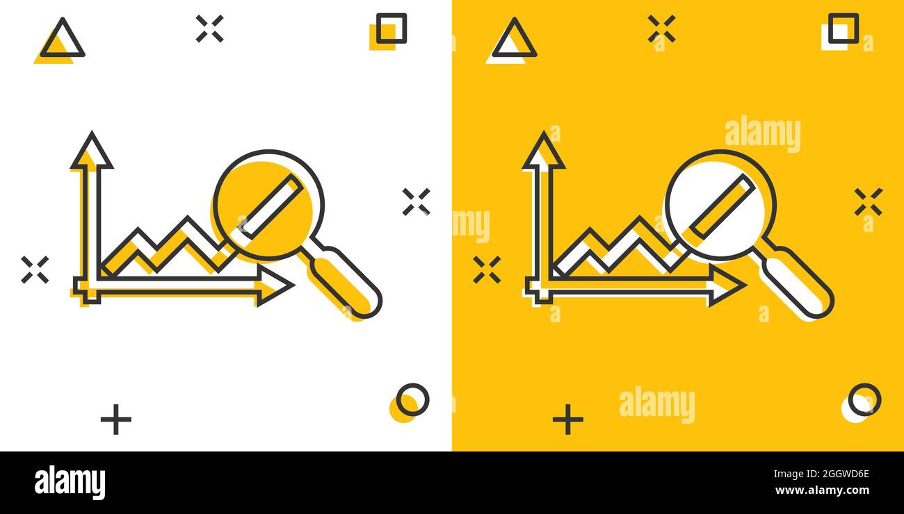 Market trend icon in comic style. Growth arrow with magnifier cartoon ...
