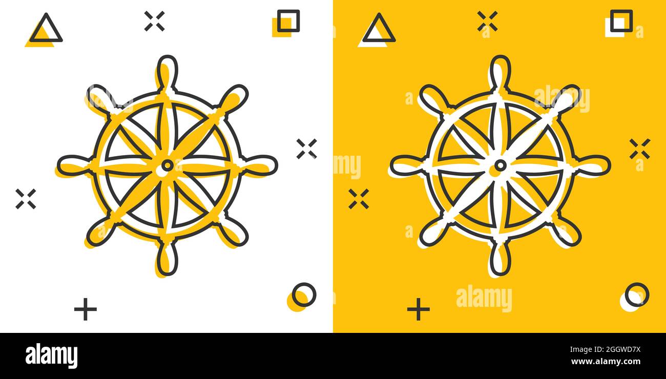 Helm wheel icon in comic style. Navigate steer cartoon vector ...