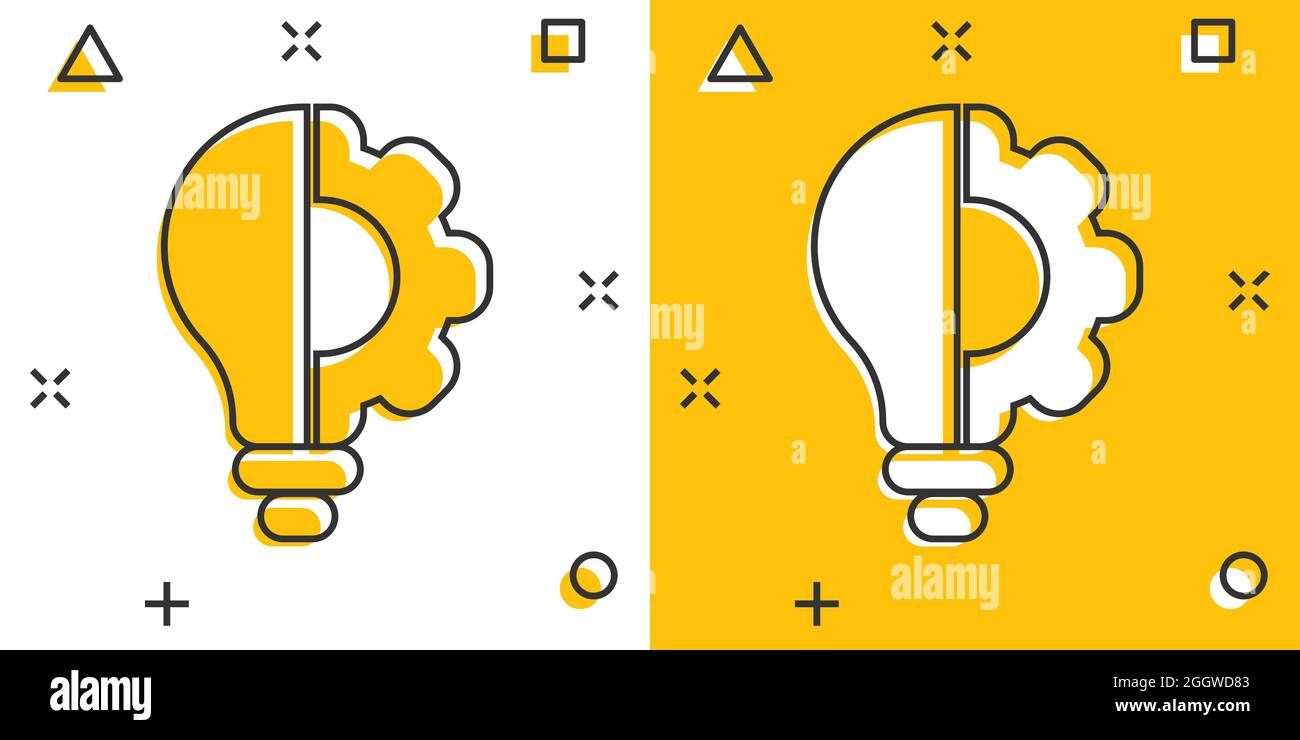 Innovation icon in comic style. Lightbulb with cogwheel cartoon vector ...