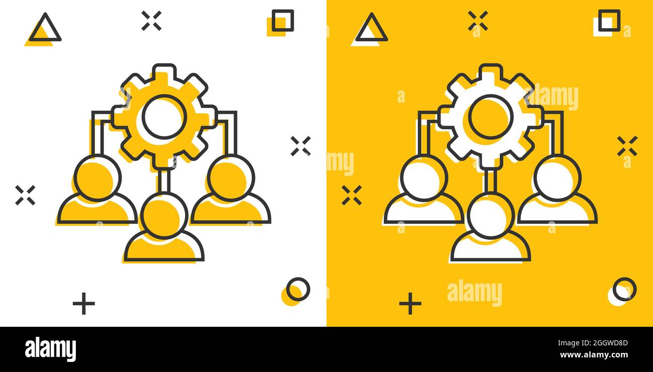 Business training icon in comic style. Gear with people cartoon vector ...