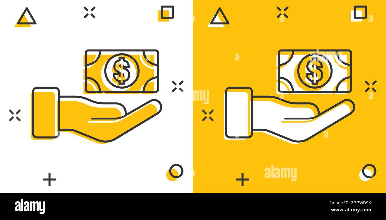 Remuneration icon in comic style. Money in hand cartoon vector ...