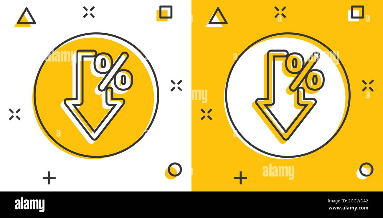 Decline arrow icon in comic style. Decrease cartoon vector illustration on white isolated ...