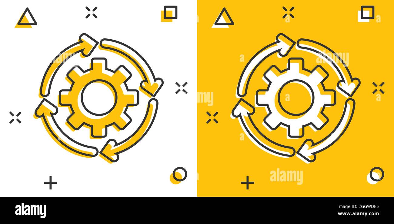 Workflow icon in comic style. Gear effective cartoon vector ...