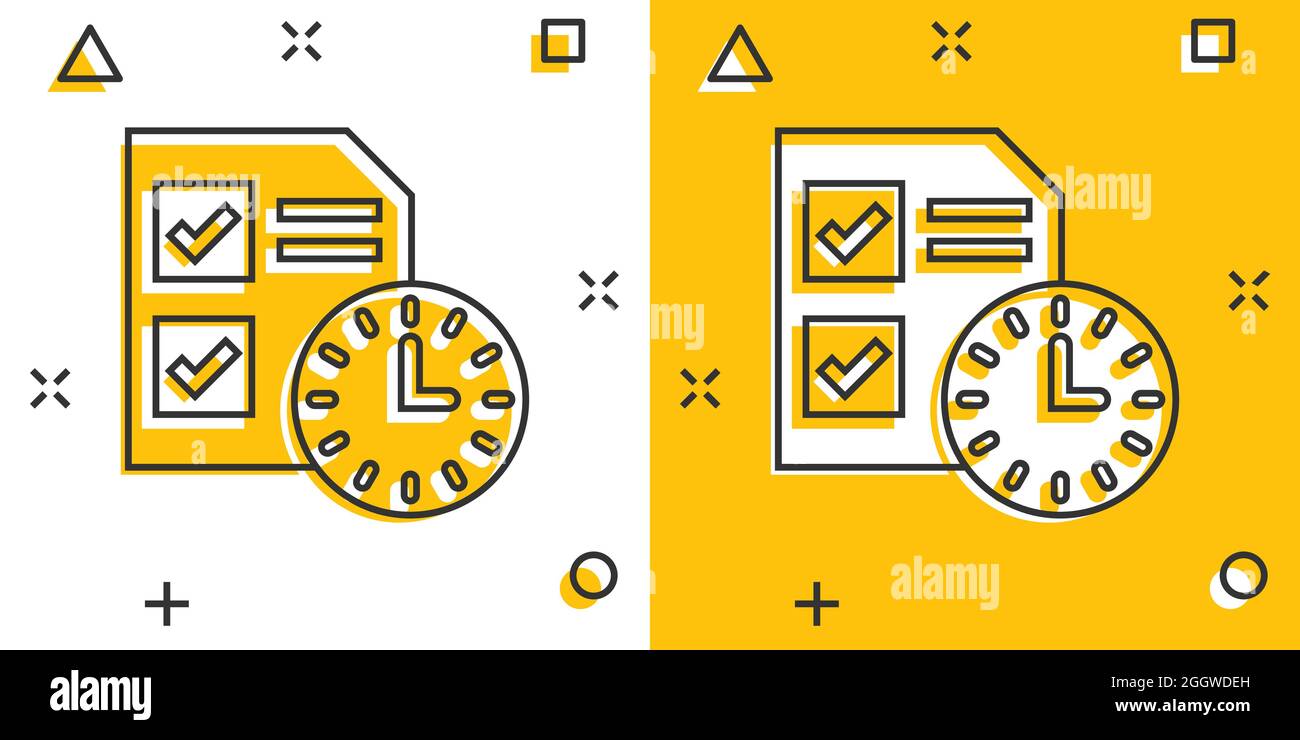 Contract time icon in comic style. Document with clock cartoon vector ...