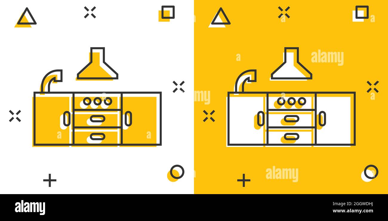 Kitchen furniture icon in comic style. Cuisine cartoon vector ...