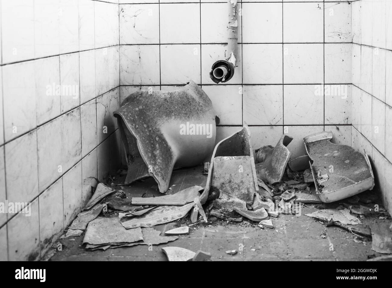 Grayscale of a broken toilet Stock Photo - Alamy