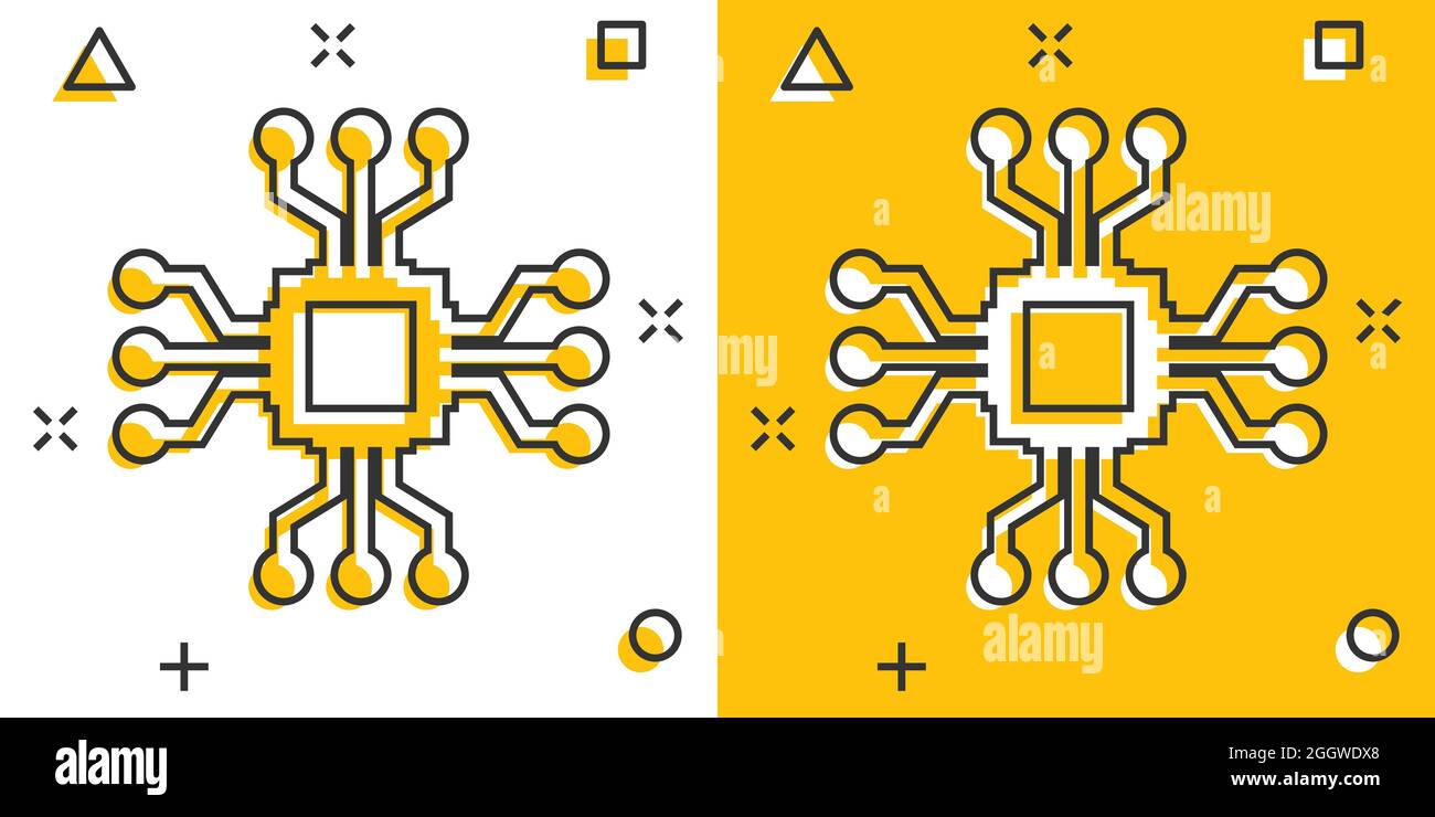 Computer chip icon in comic style. Circuit board cartoon vector ...