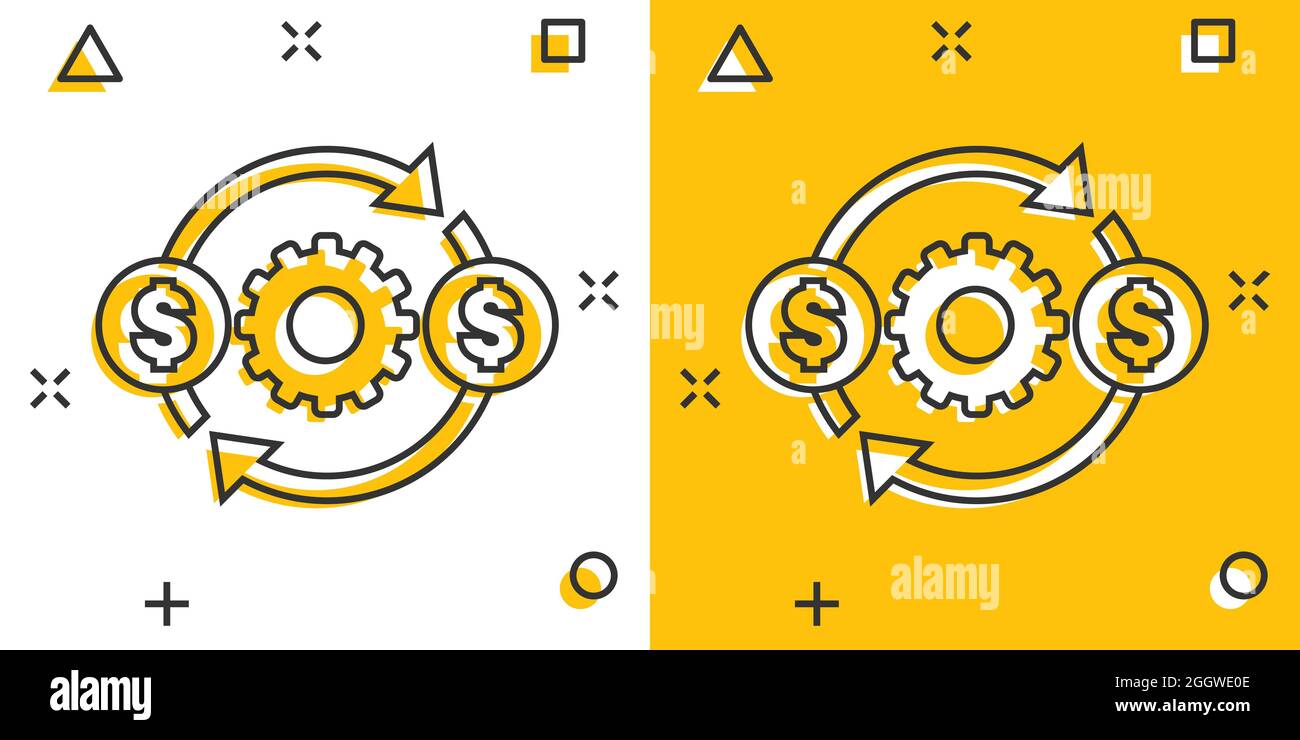 Money optimization icon in comic style. Gear effective cartoon vector ...