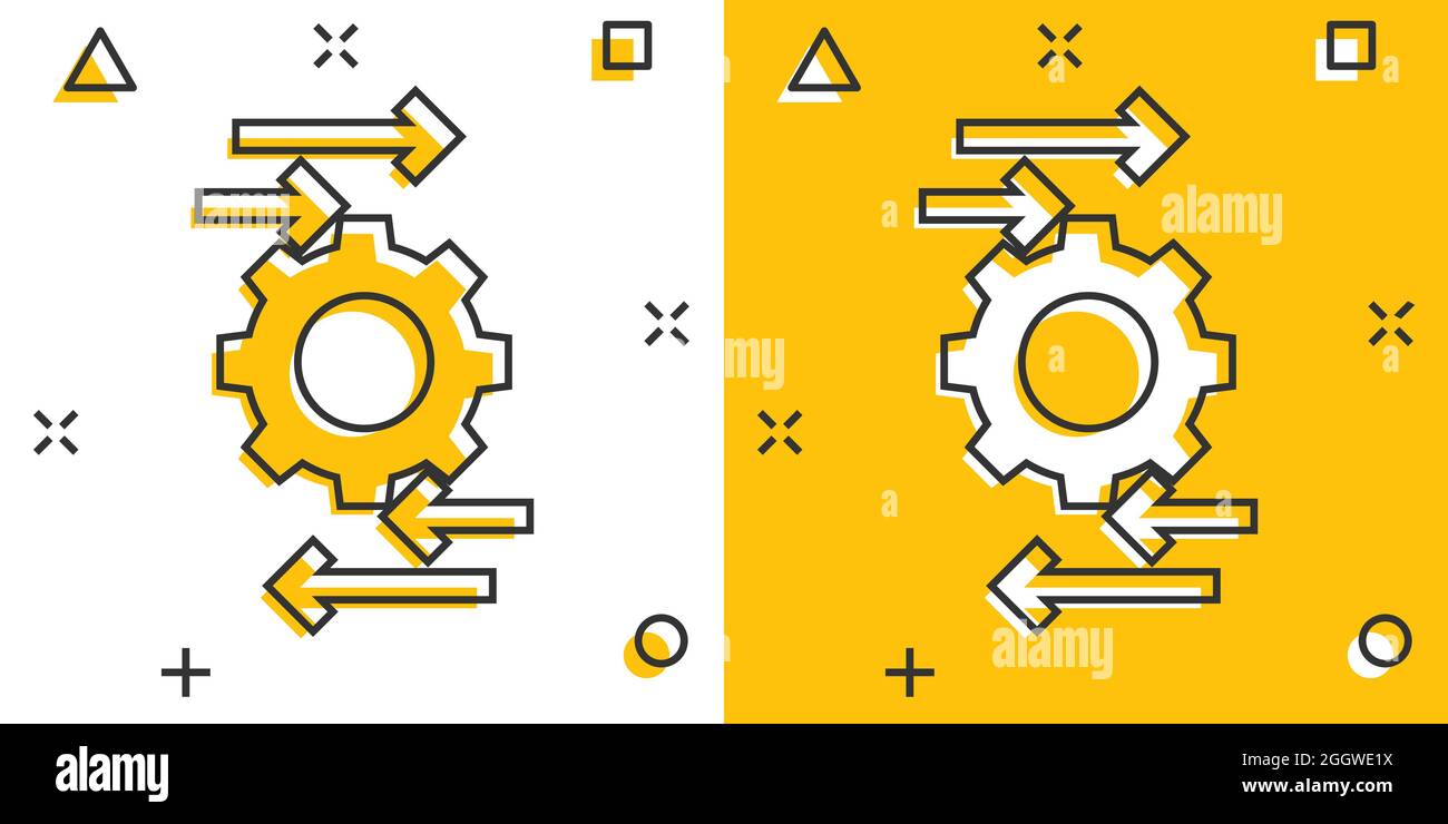 Process icon in comic style. Arrow and gear cartoon vector illustration ...