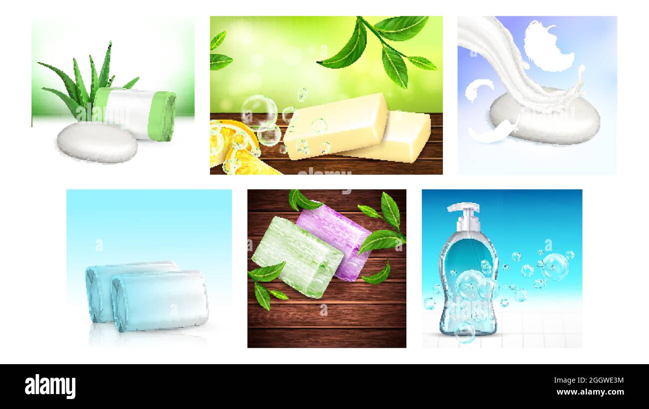 Organic Soap Creative Promotion Posters Set Vector Stock Vector Image ...
