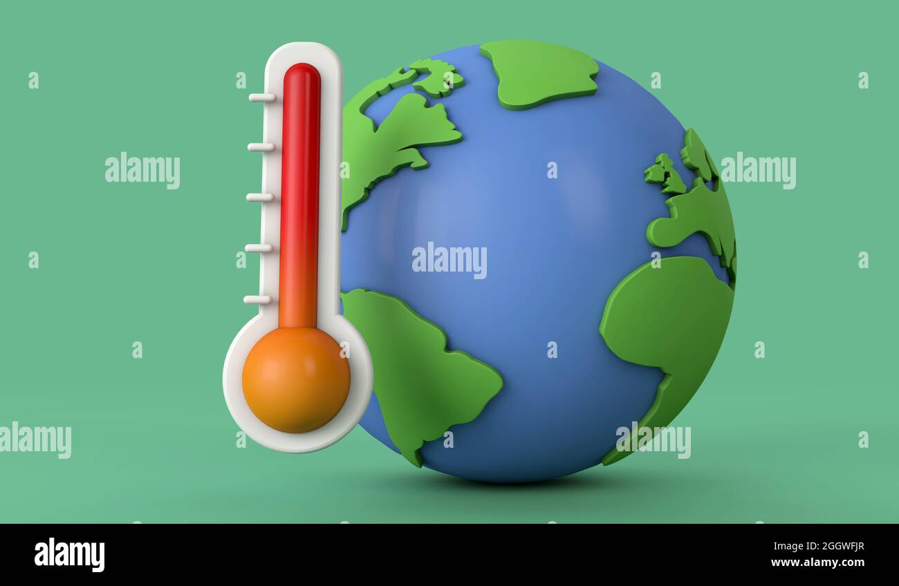 Rising global temperatures. Earth model with a thermometer. 3D Render ...