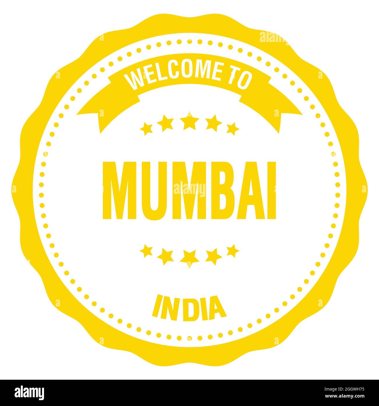 WELCOME TO MUMBAI - INDIA, words written on yellow round badge stamp ...
