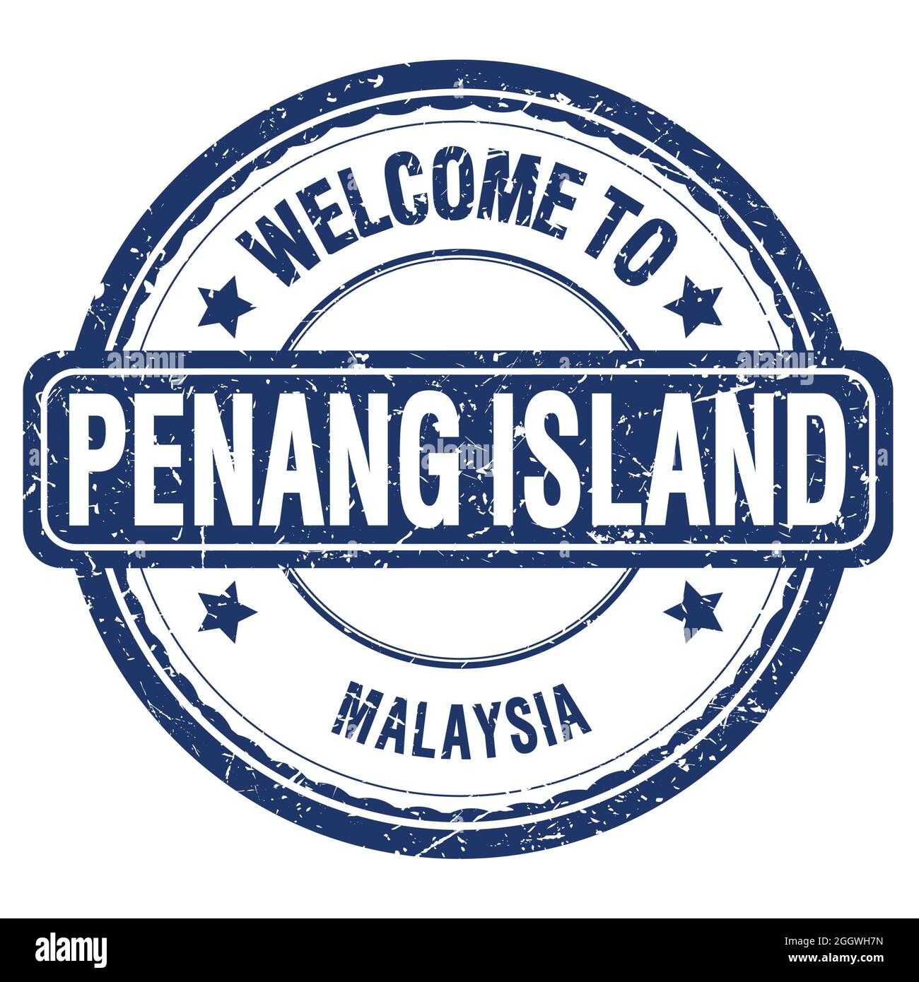 WELCOME TO PENANG ISLAND - MALAYSIA, words written on blue grungy stamp ...