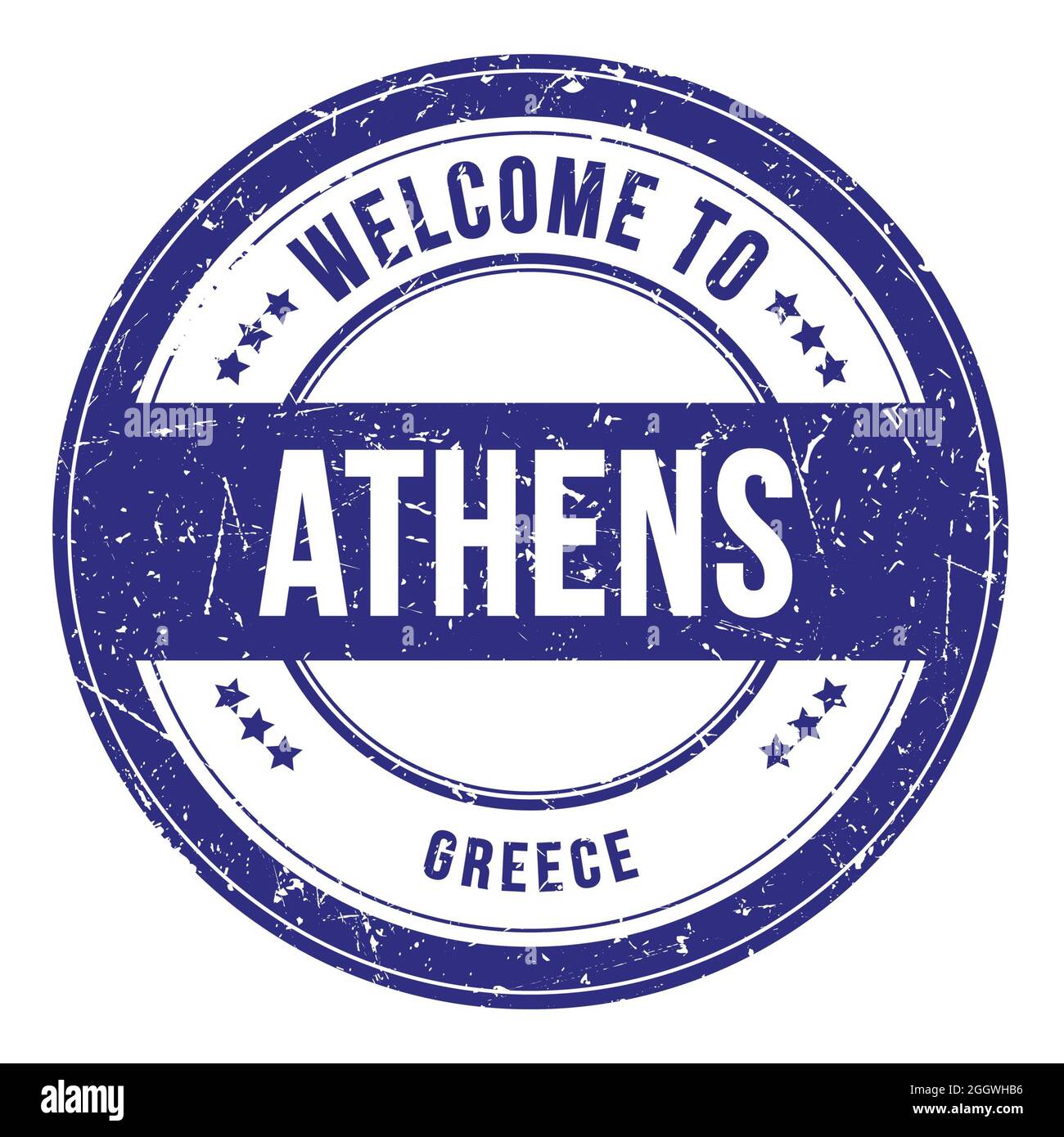 WELCOME TO ATHENS - GREECE, words written on dark blue round coin stamp ...