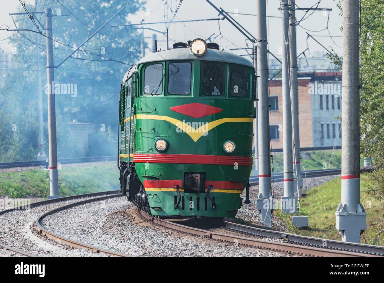 Retro diesel locomotive approaches to the station Stock Photo - Alamy