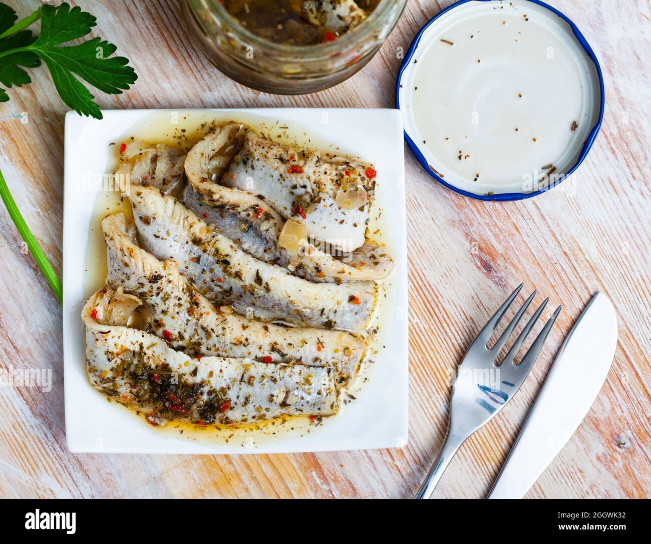 Homemade spicy marinated herring Stock Photo - Alamy