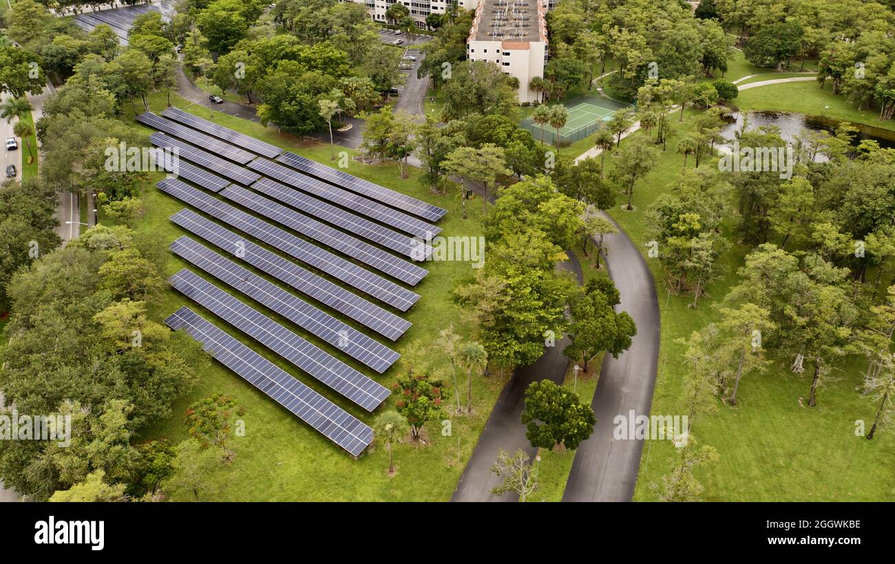 Aerial shot of solar panels in a cascade in the field in Florida Stock ...