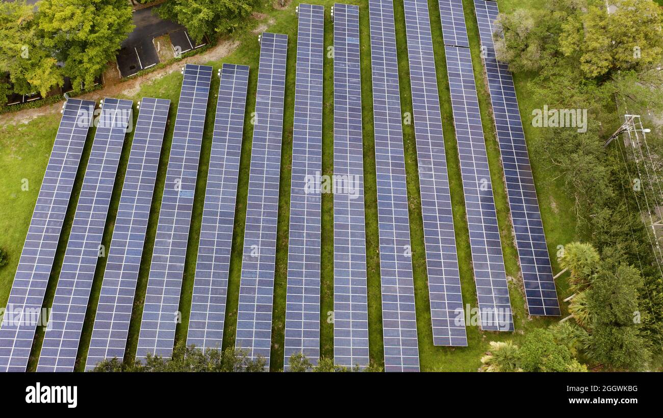 Aerial shot of solar panels in a cascade in the field in Florida Stock ...