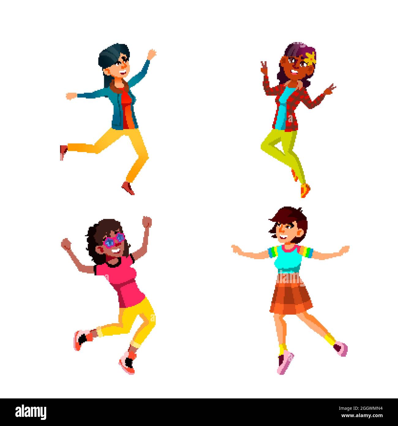 Jumping Teen Girls Celebrating Success Set Vector Stock Vector Image ...