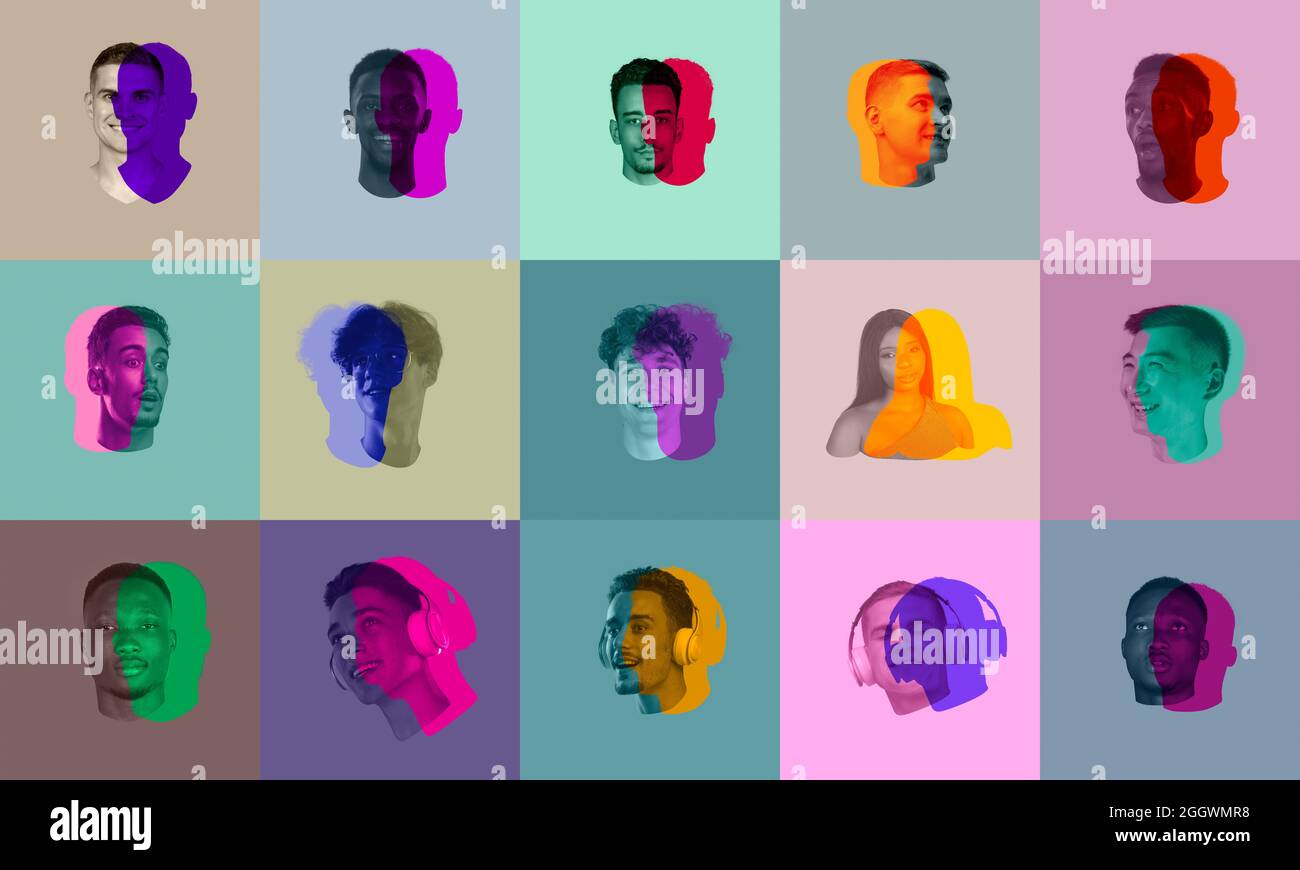 Artwork. Set, collage of young men's faces, heads with colored ...