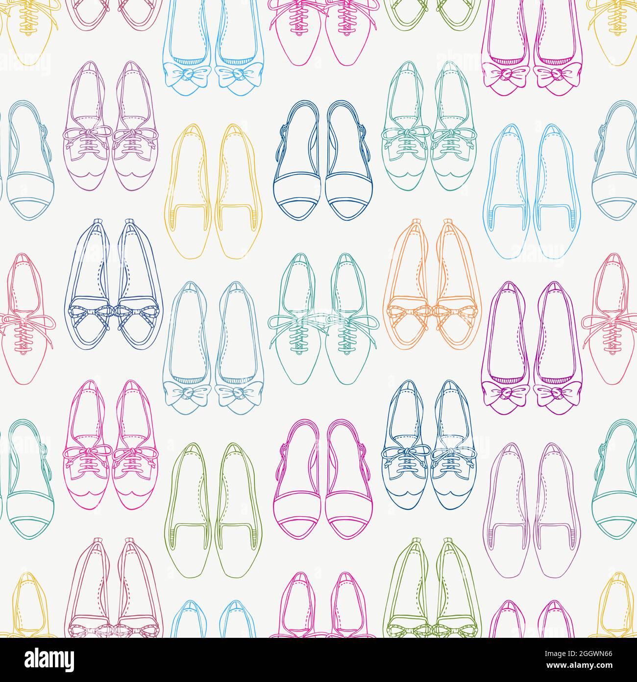Seamless background with different colored shoes on a white background ...