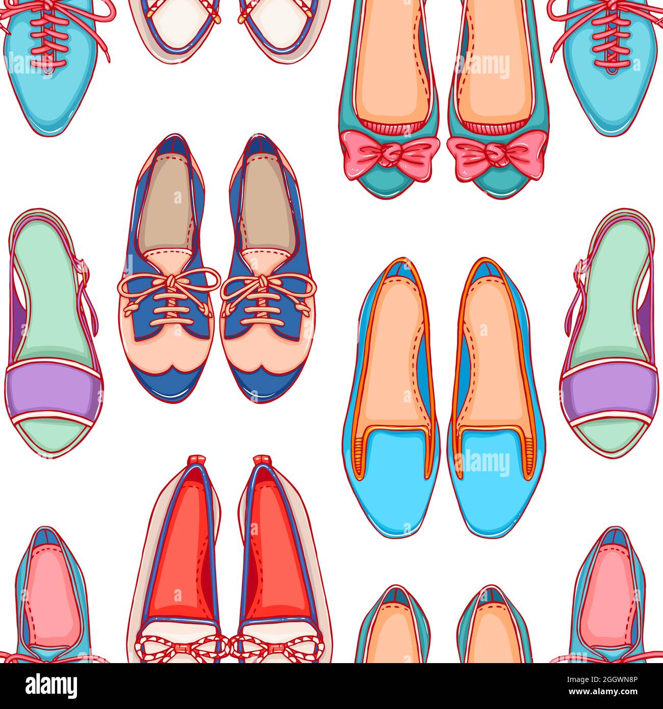Seamless background with different colored shoes on a white background ...