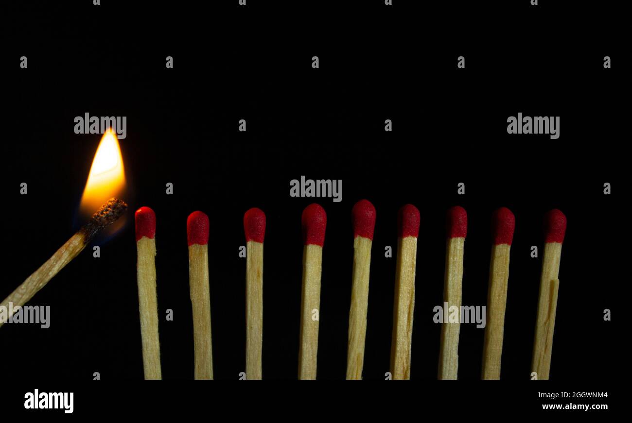 Group of red match burning isolated on black background. Row Burning In ...