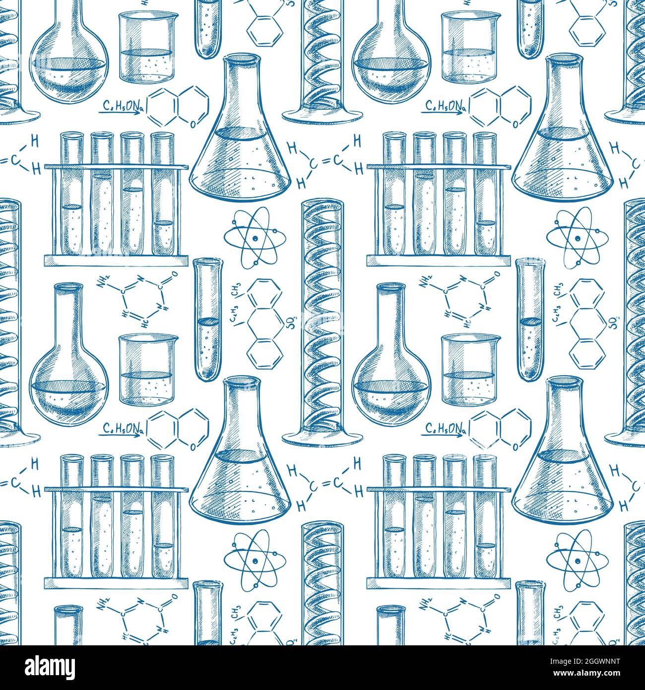 seamless blue and white background with chemical equipment and formulas ...