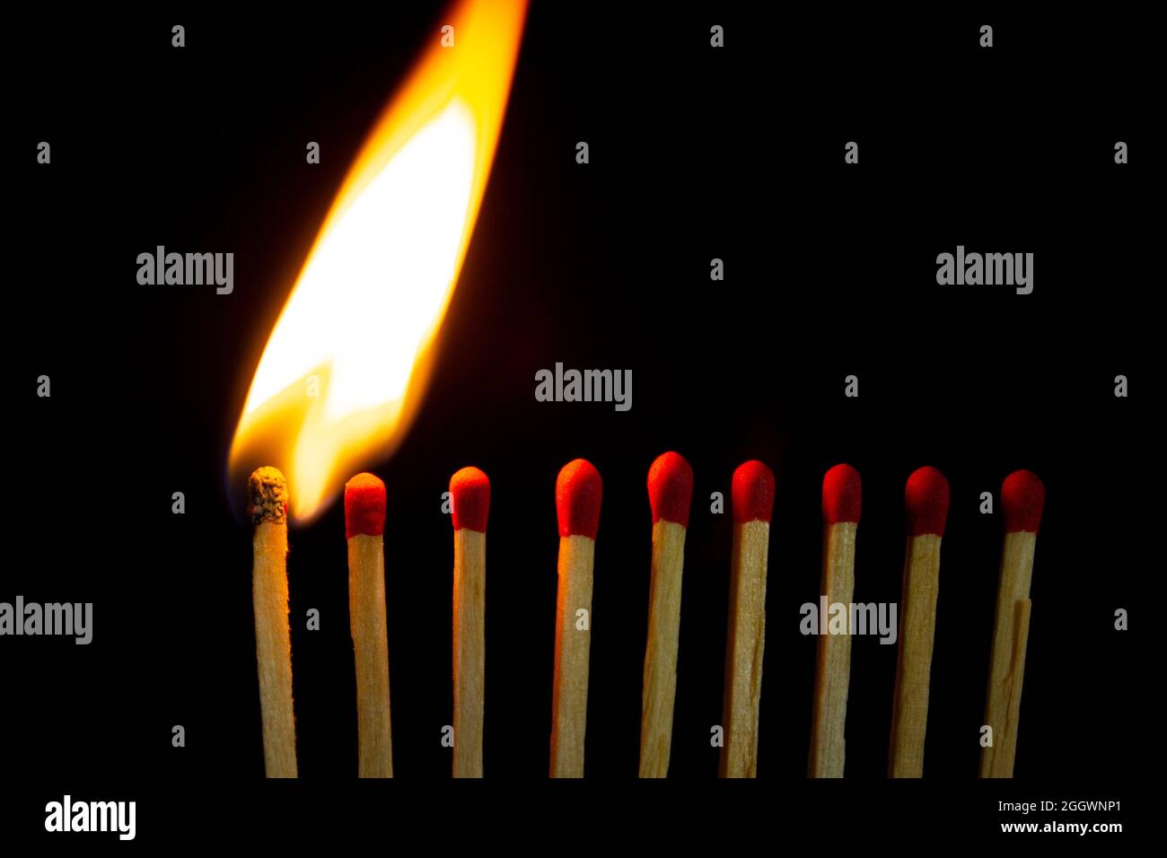 Group of red match burning isolated on black background. Row Burning In ...