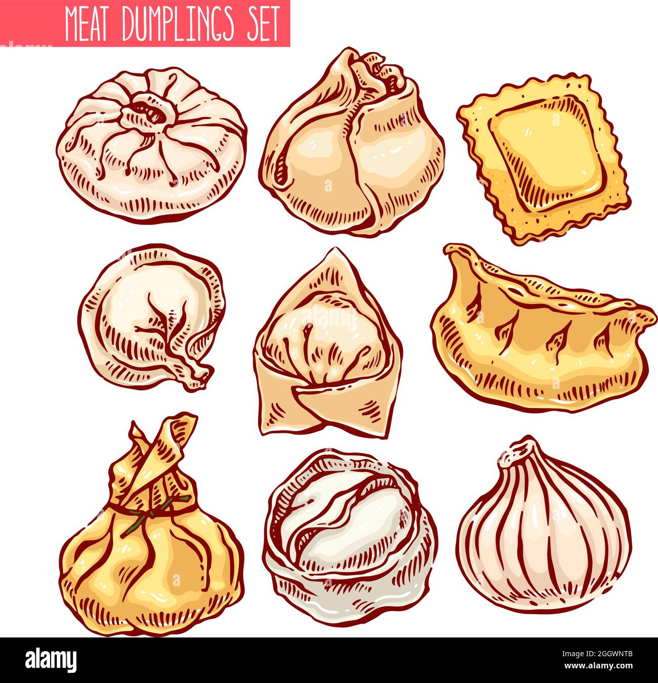 appetizing set of different dumplings. hand-drawn illustration Stock ...