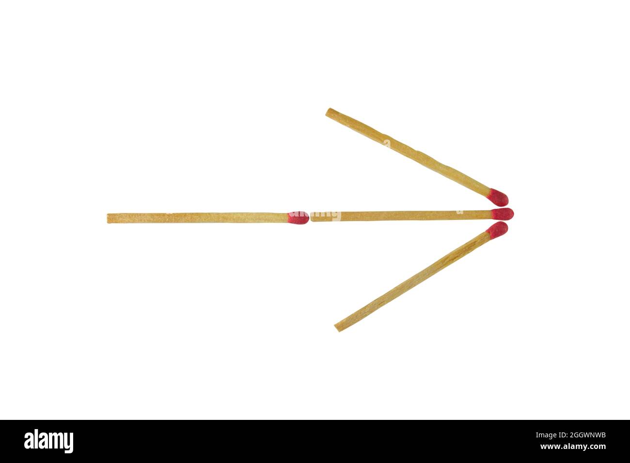 Close-up arrow shape of red matchsticks isolated on white background ...