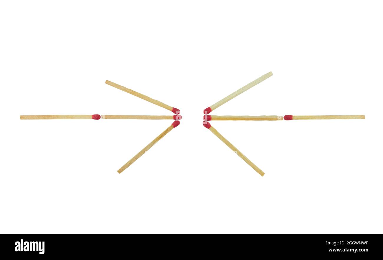 Close-up two arrow Facing each other of red matchsticks isolated on ...