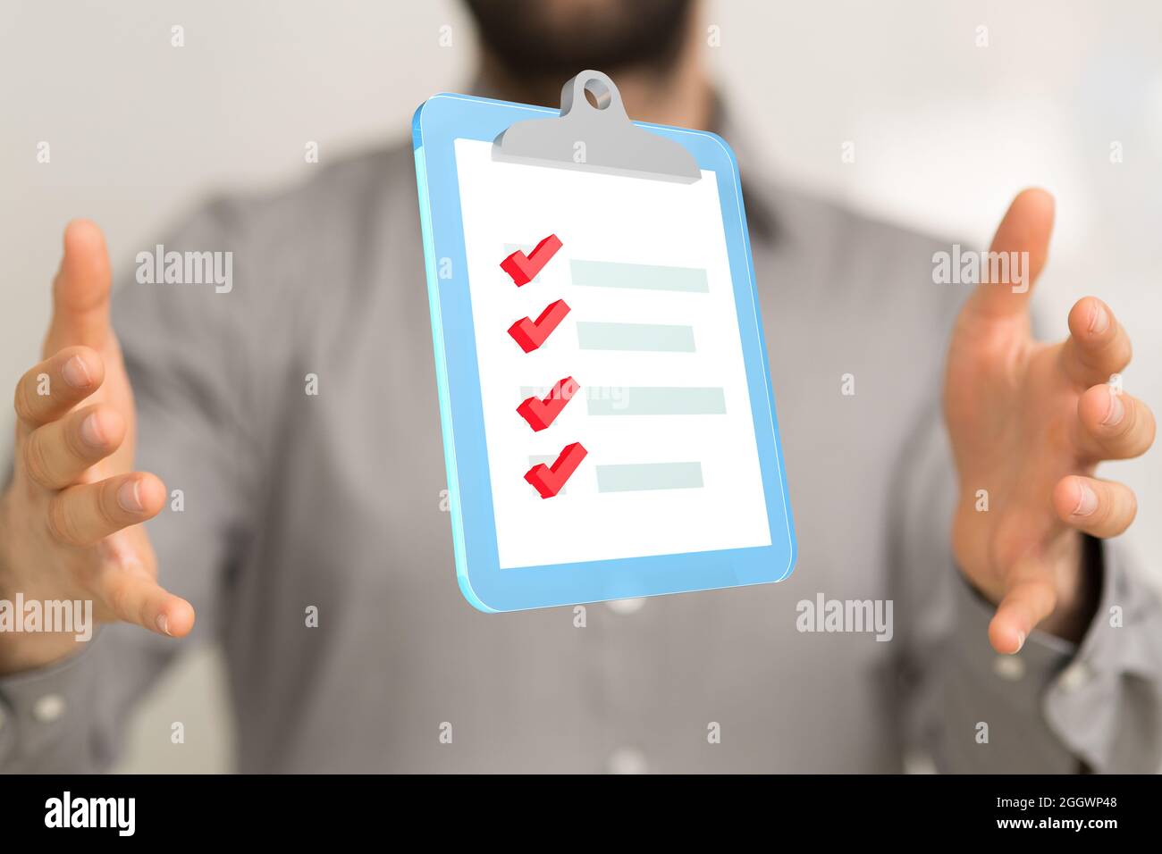 Person presenting a 3D render of digital checklist or to do-list ...