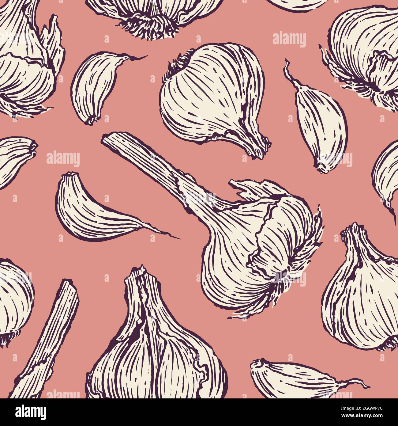 seamless background of Garlic on a pink background. hand-drawn ...