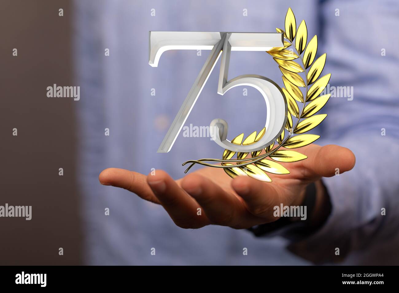 Person presenting a 3D render of 75 years anniversary digital numbers ...