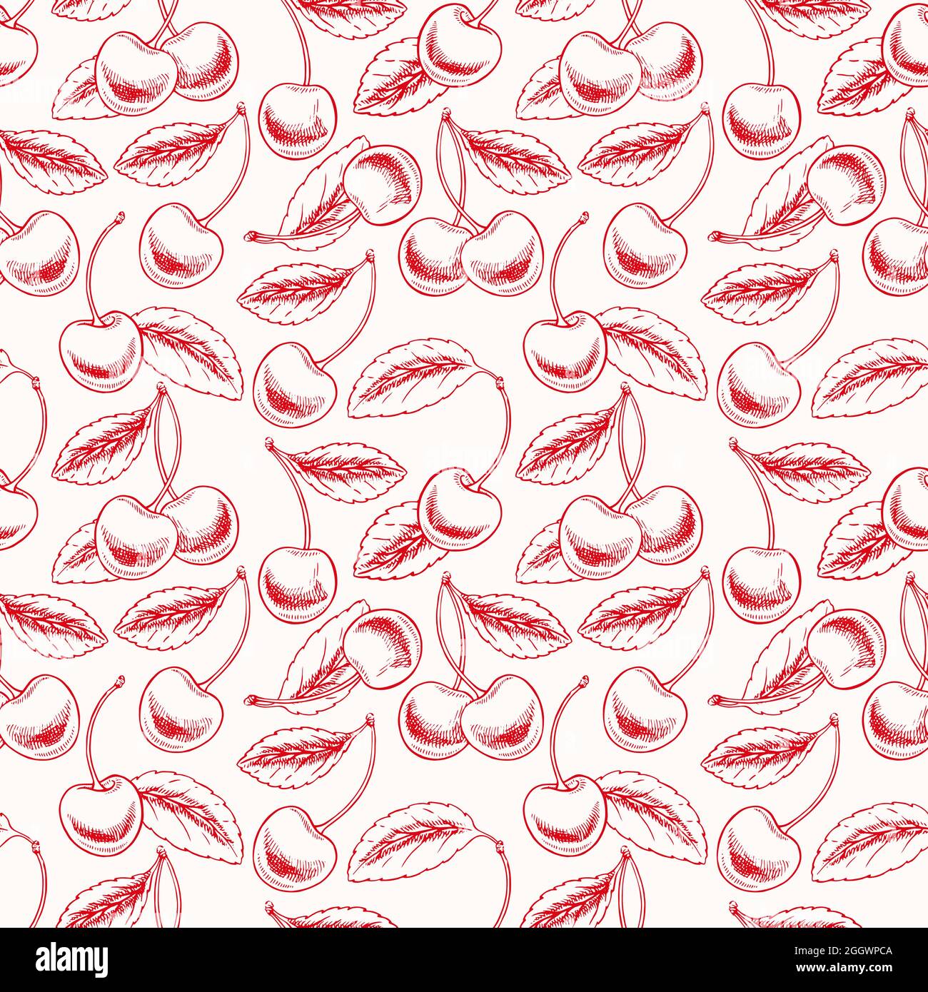 Cute seamless background with red cherry and leaves. hand-drawn ...
