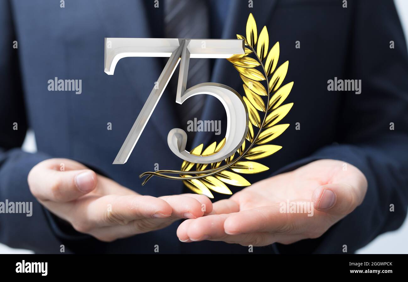Person presenting a 3D render of 75 years anniversary digital numbers ...