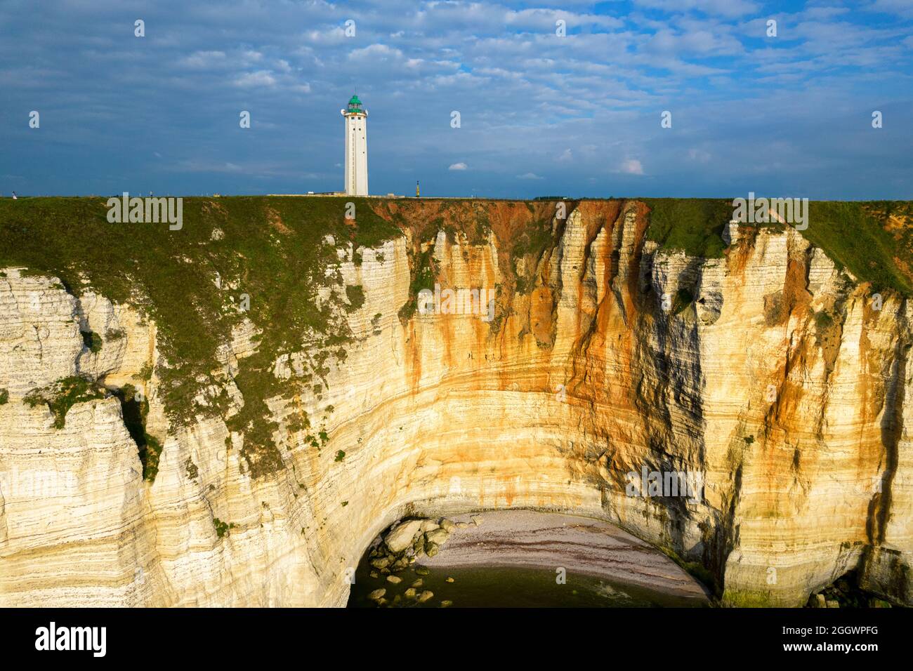 Aerial shot of Antifer lighthouse and limestone cliffs in Normandy ...