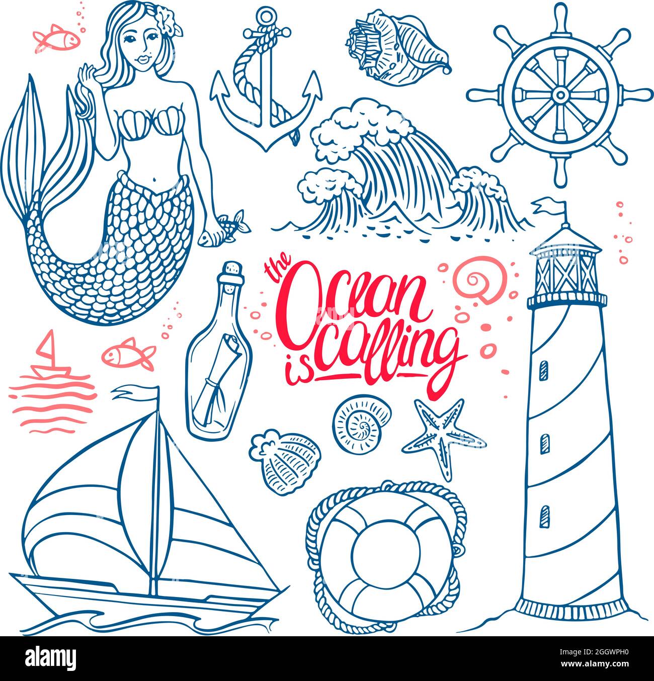 beautiful set on the marine theme. Mermaid and the lighthouse. hand ...