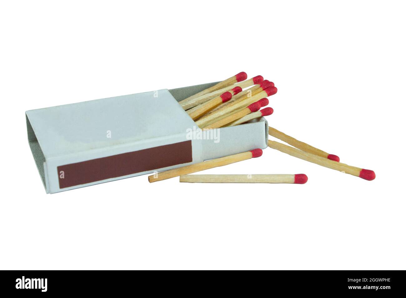 Red matchbox and matches isolated on white background. Side view and ...